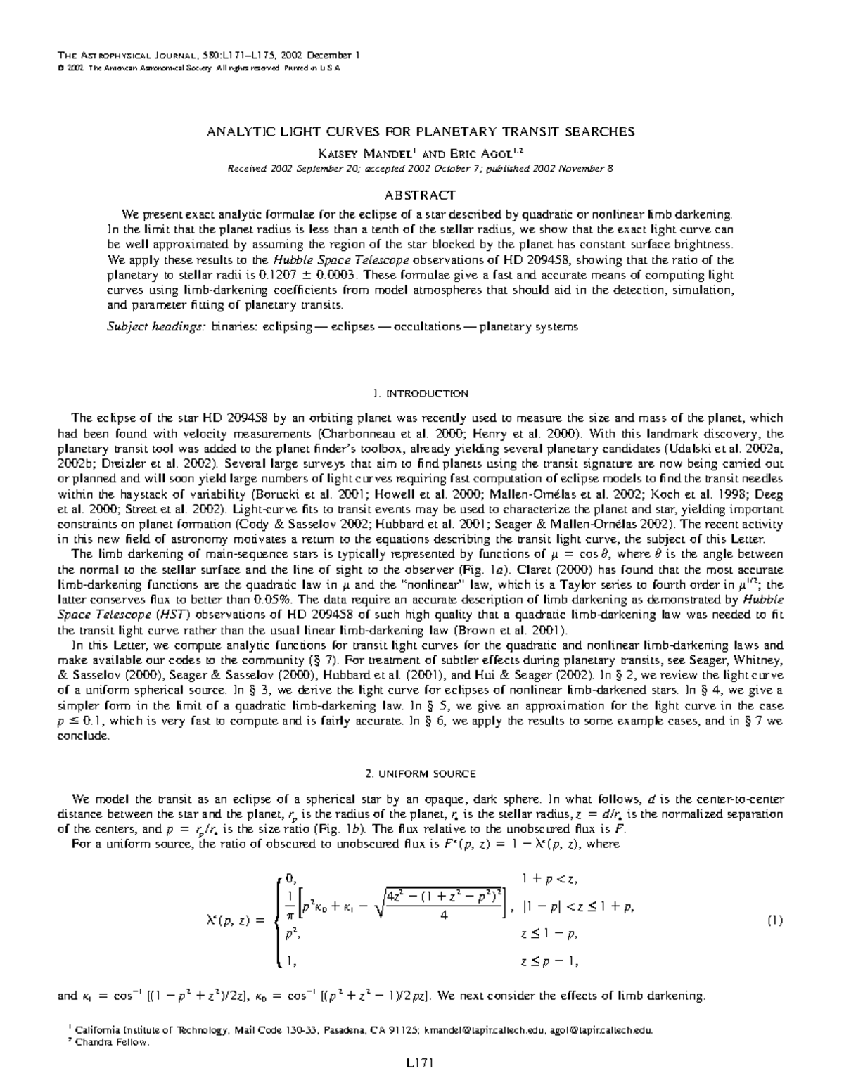 Analytic Light Curves for Planetary Transits - Mandel 2002 ApJ L171 ...