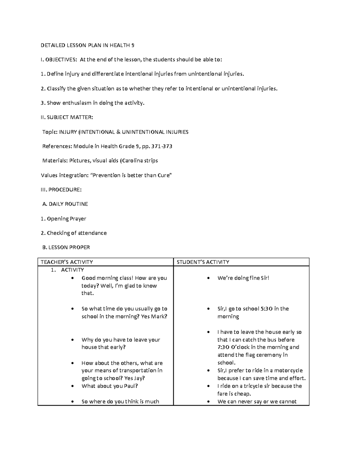 Health 9 Lesson Plan: Understanding Intentional & Unintentional ...