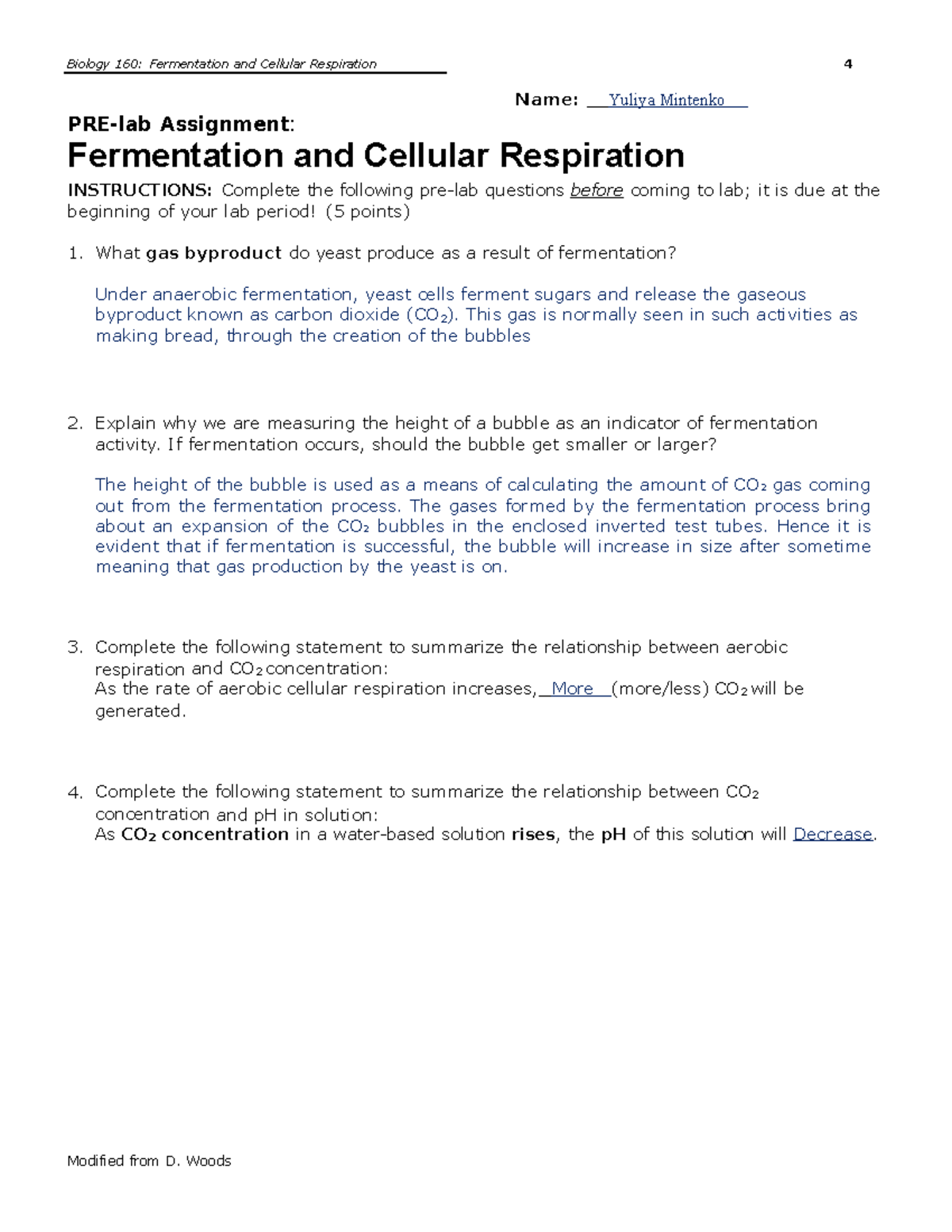 Biology 160: Pre-Lab Assignment on Fermentation & Cellular Respiration ...
