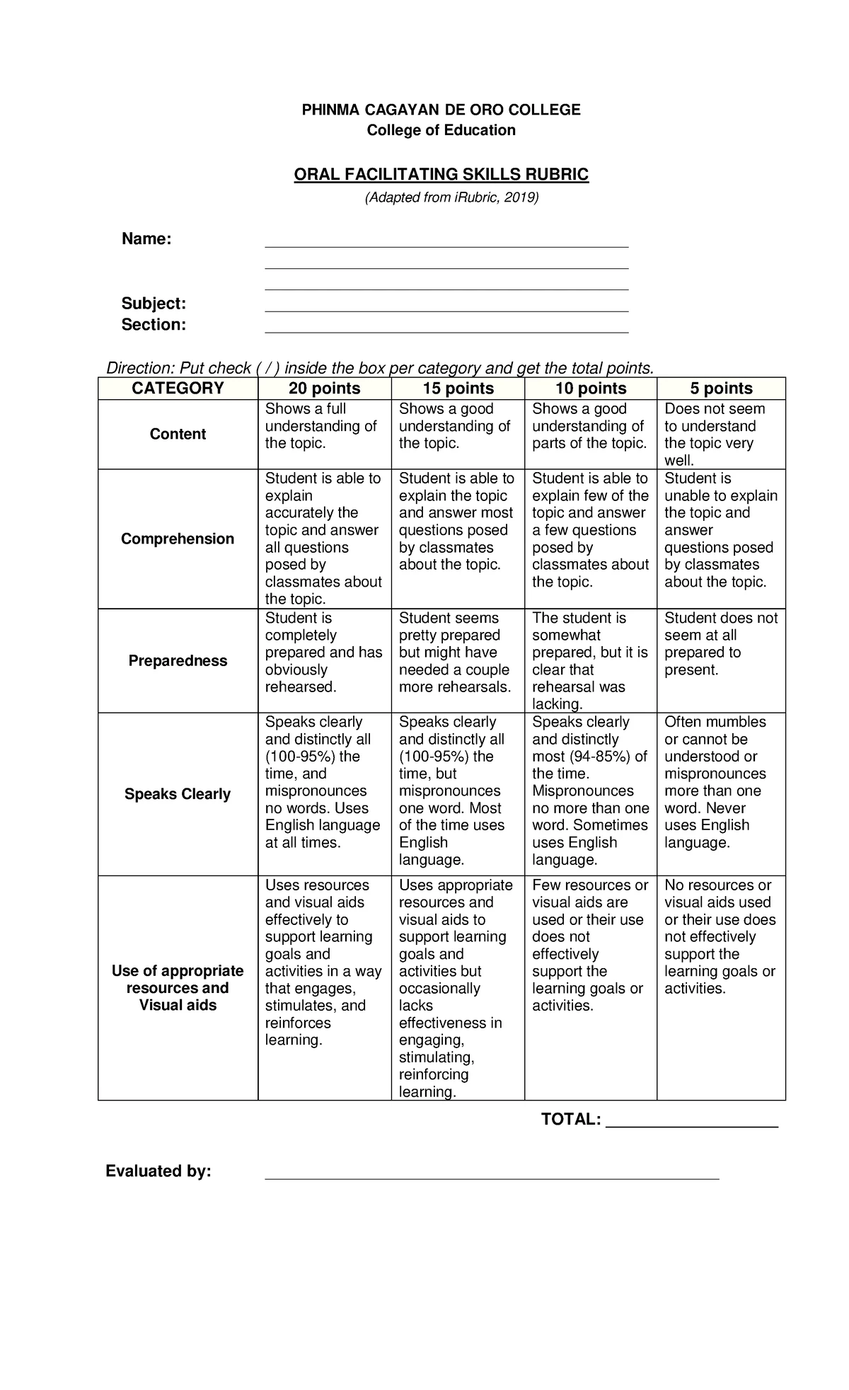 Teaching Demonstration Rubric Evaluation Form - Studocu