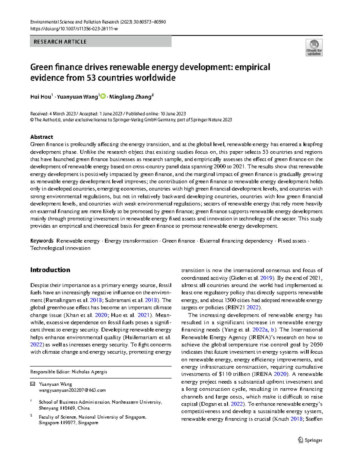 Green Finance and Renewable Energy Development: Insights from 53 ...