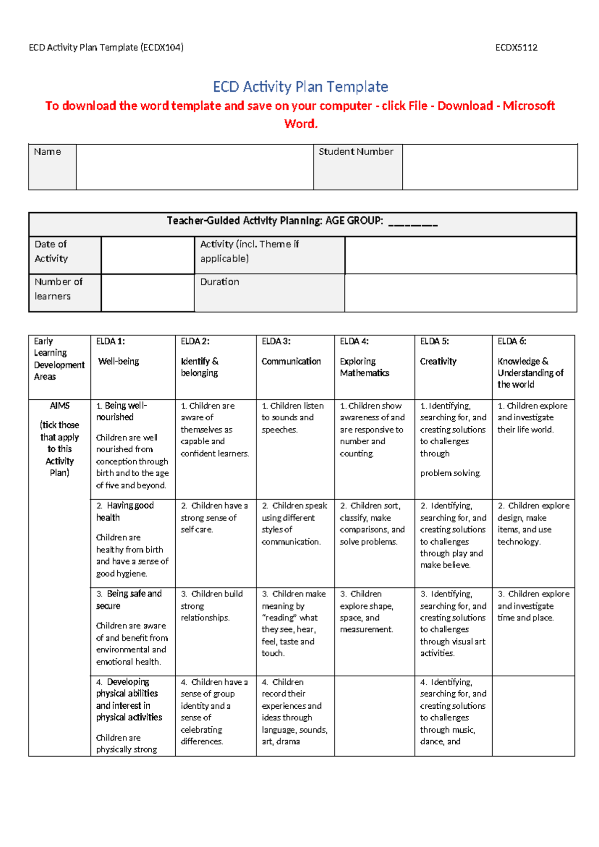 ECD Activity Plan Template - Student Guide for Teacher Planning - Studocu
