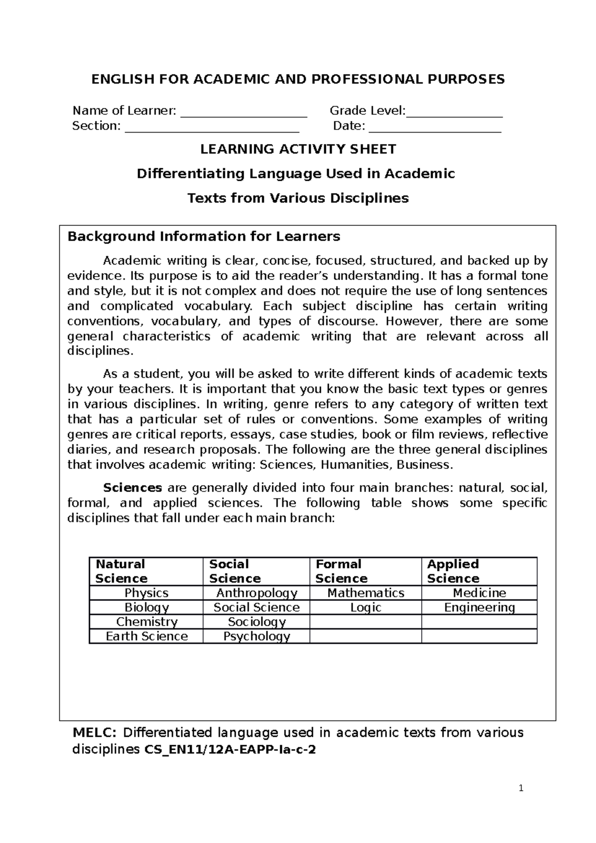 Modified LAS for EAPP: Differentiating Academic Language and Writing ...
