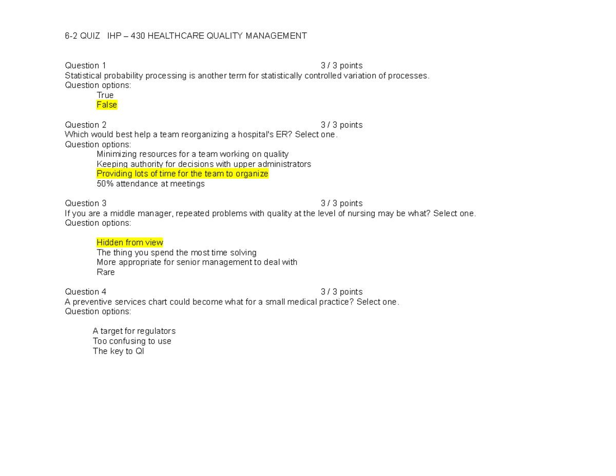 6-2 QUIZ IHP – 430 Healthcare Quality Management Insights - Studocu