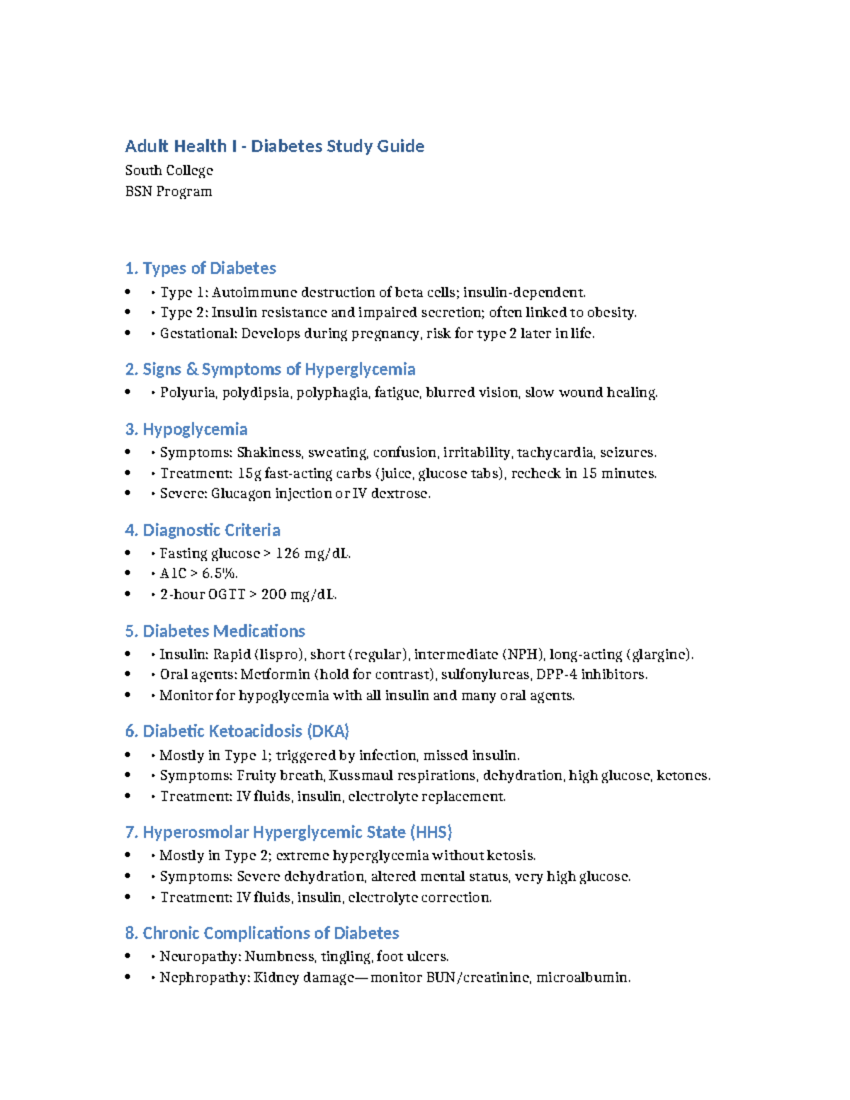 Adult Health I Diabetes Study Guide - South College BSN Program - Studocu