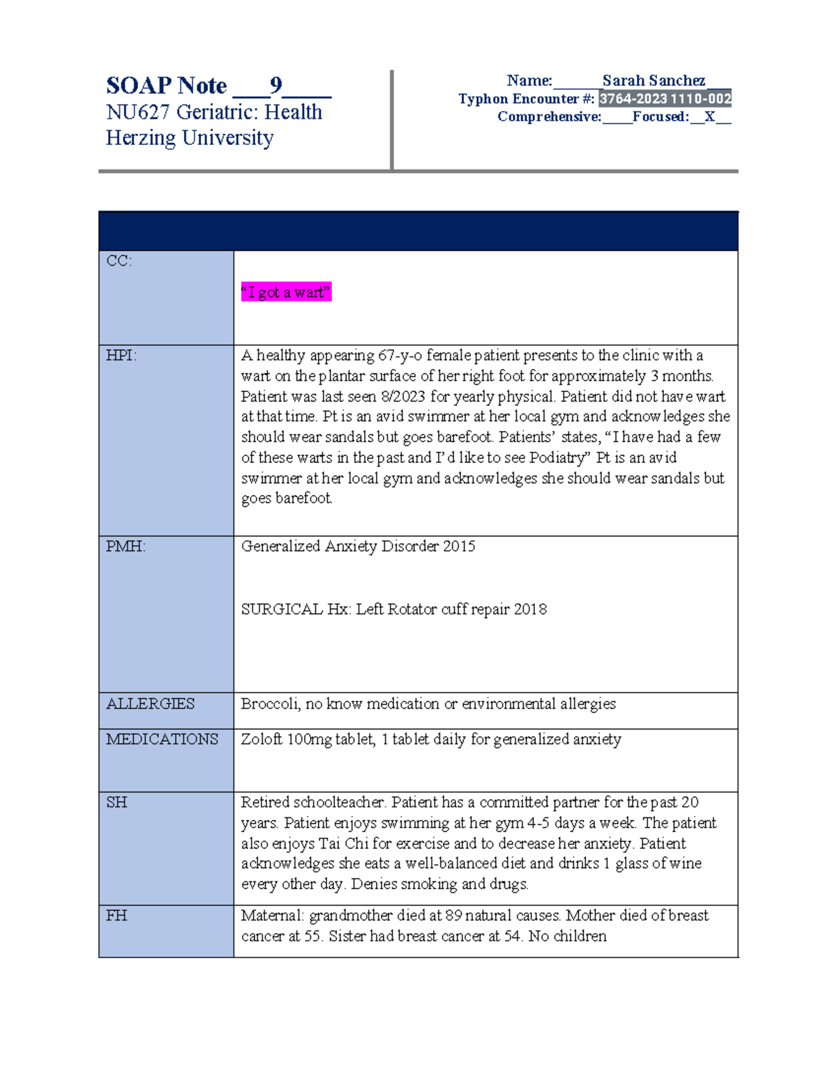 NU627 Geriatric SOAP Note 9 - Comprehensive Health Assessment - Studocu