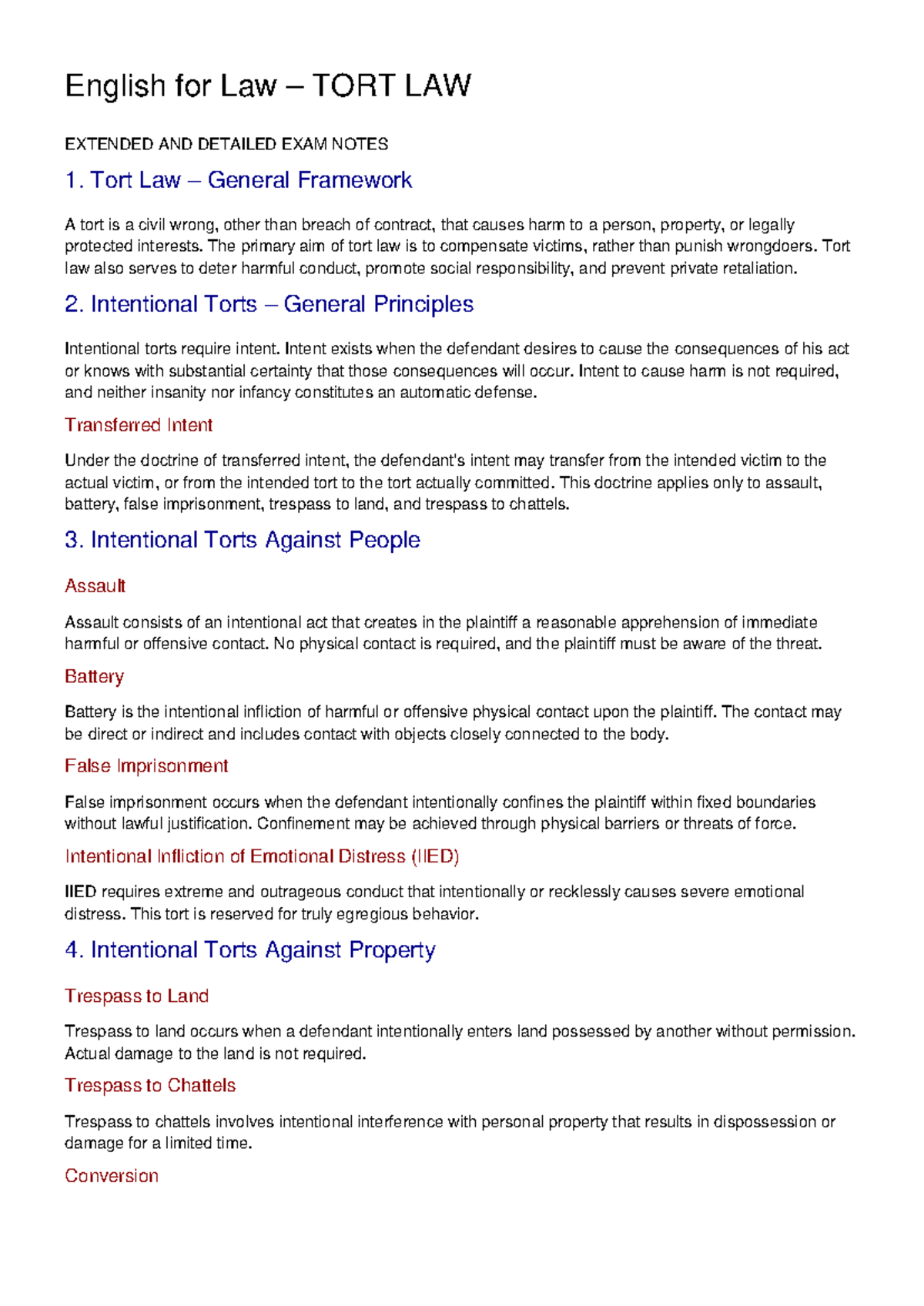 English for Law TORT LAW EXTENDED EXAM NOTES: Comprehensive Guide - Studocu