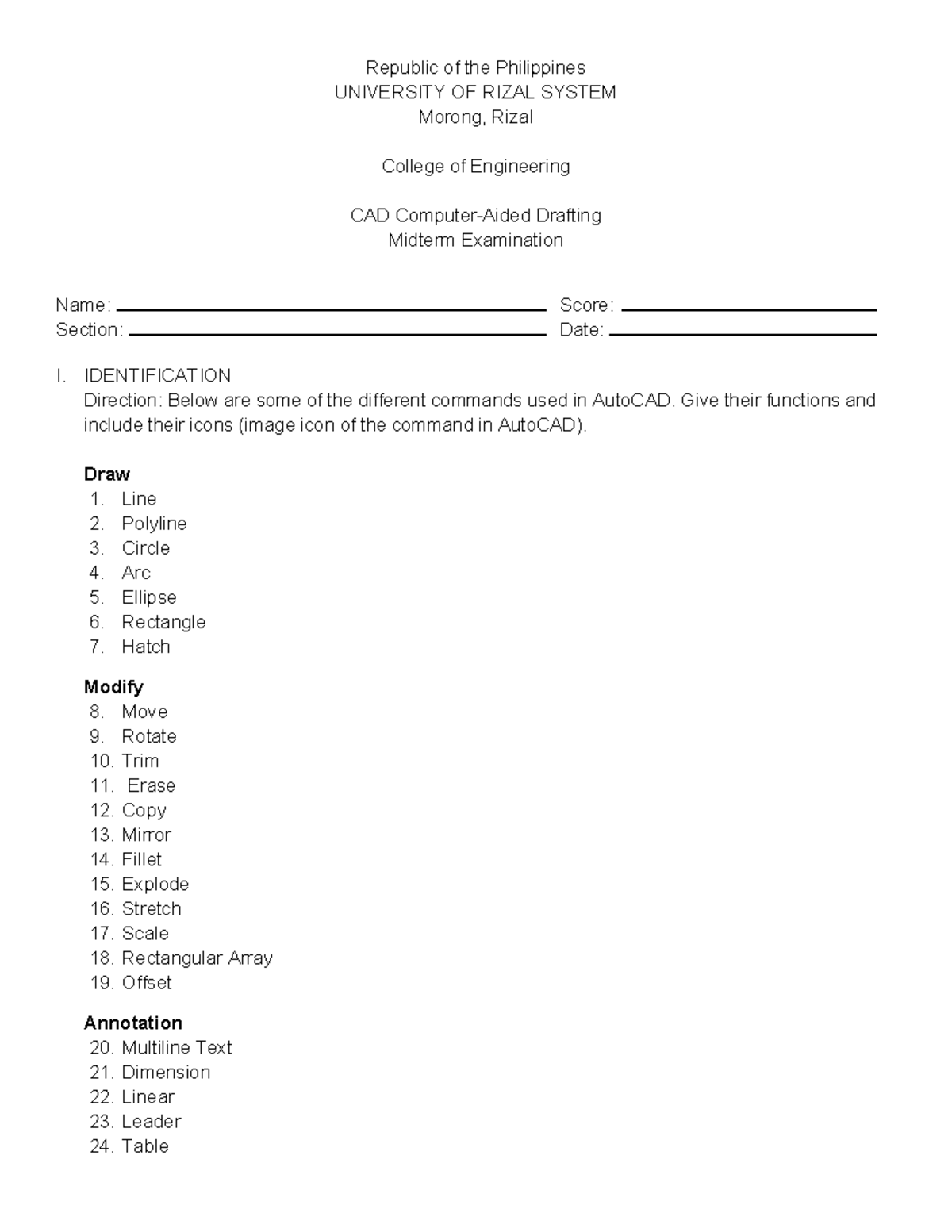 CAD-Midterm-Exam - Computer-Aided Drafting Functions and Commands - Studocu