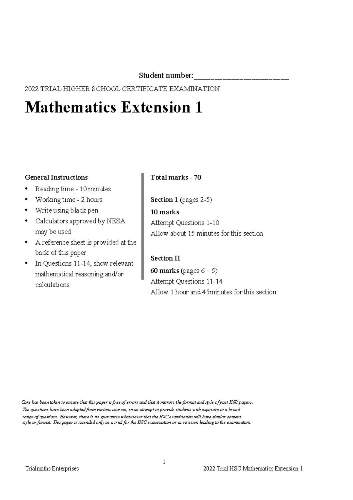 2022 Trial HSC Mathematics Extension 1 Exam Solutions - Studocu