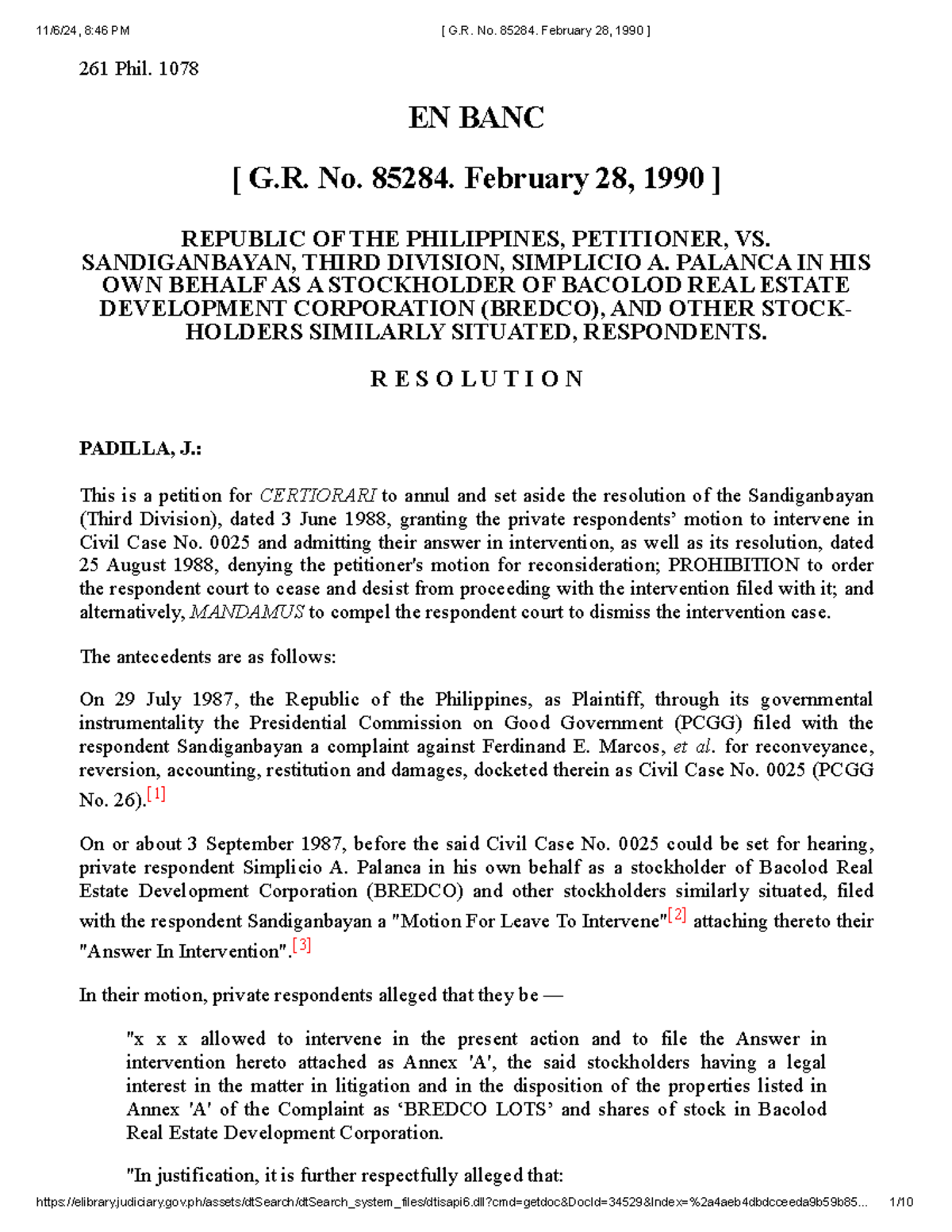 [ G.R. No. 85284. February 28, 1990 ] - 261 Phil. 1078 EN BANC [ G. No ...
