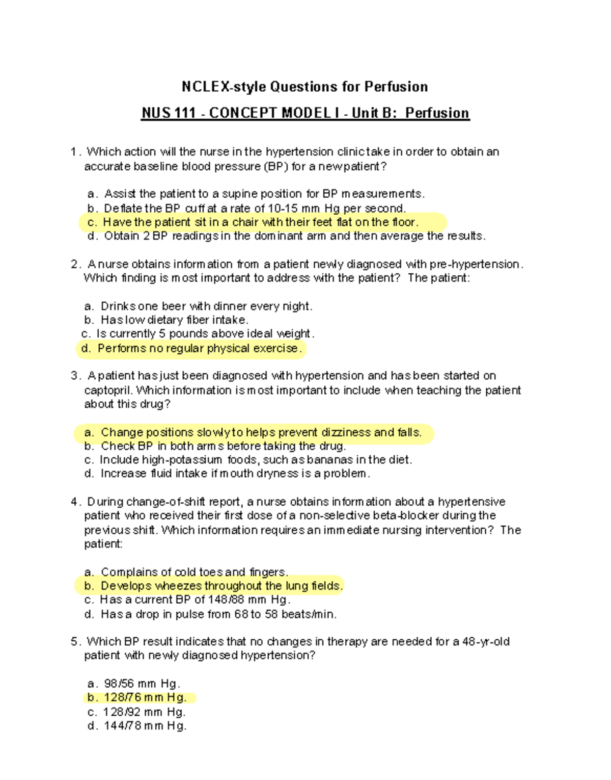 Spring 26: NCLEX Questions for Perfusion Unit B - Studocu