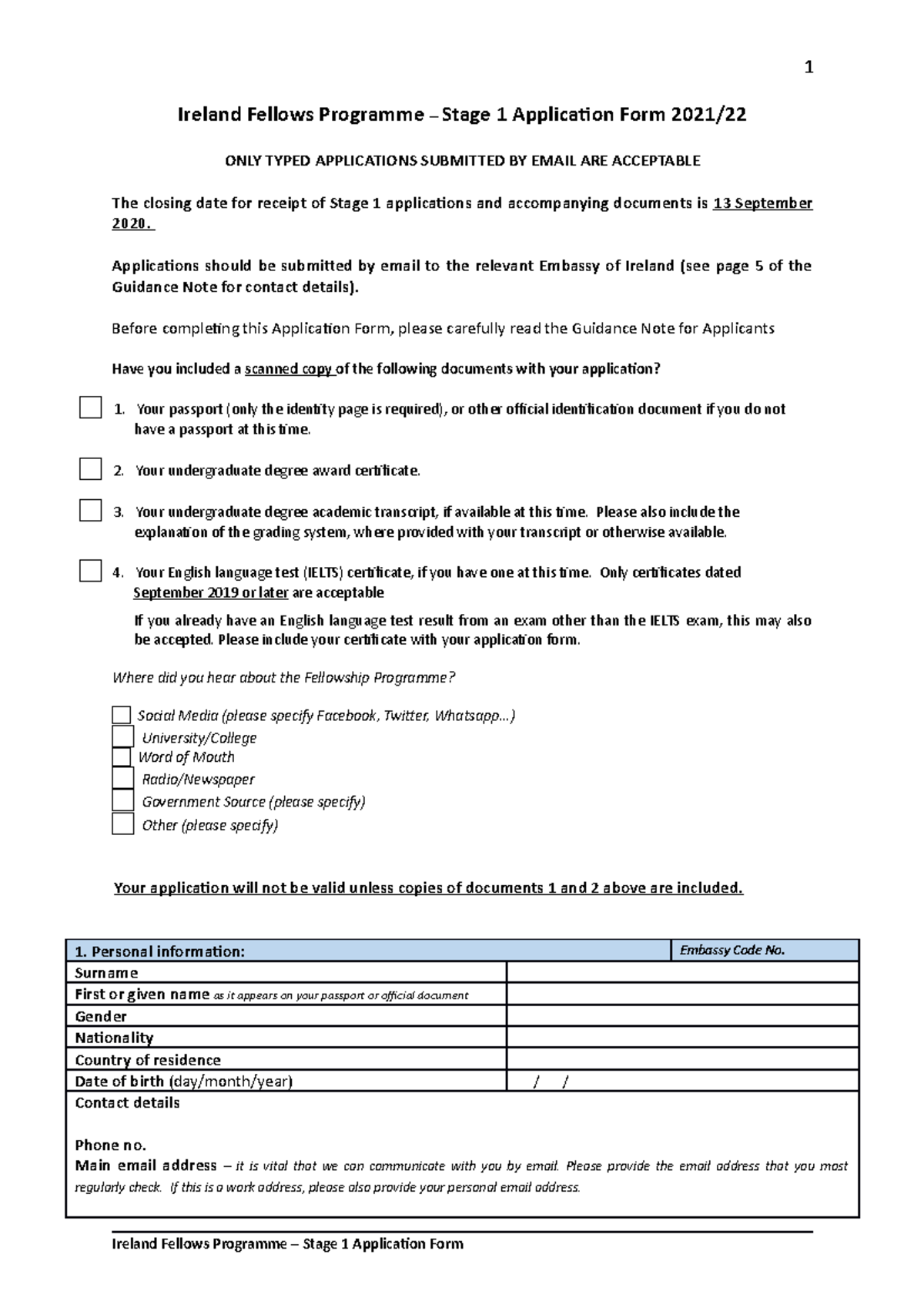 Ireland Fellows Programme Stage 1 Application Form 2021-22 - Studocu