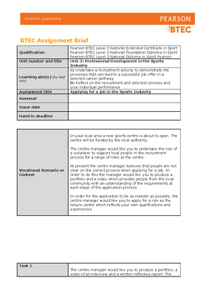 Unit 4 Aim A & B Brief - BTEC Assignment Brief Qualification Pearson BTEC Level 3 National ...