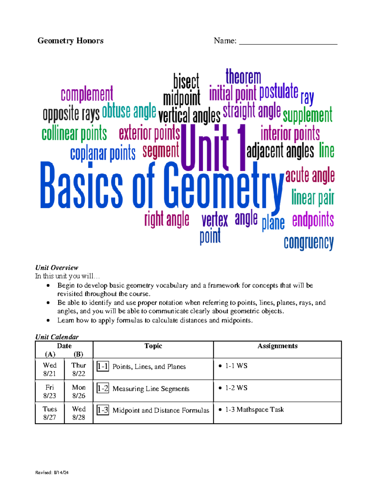 Geometry Honors Unit Overview and Notations - Revised: 8/14/ Geometry ...