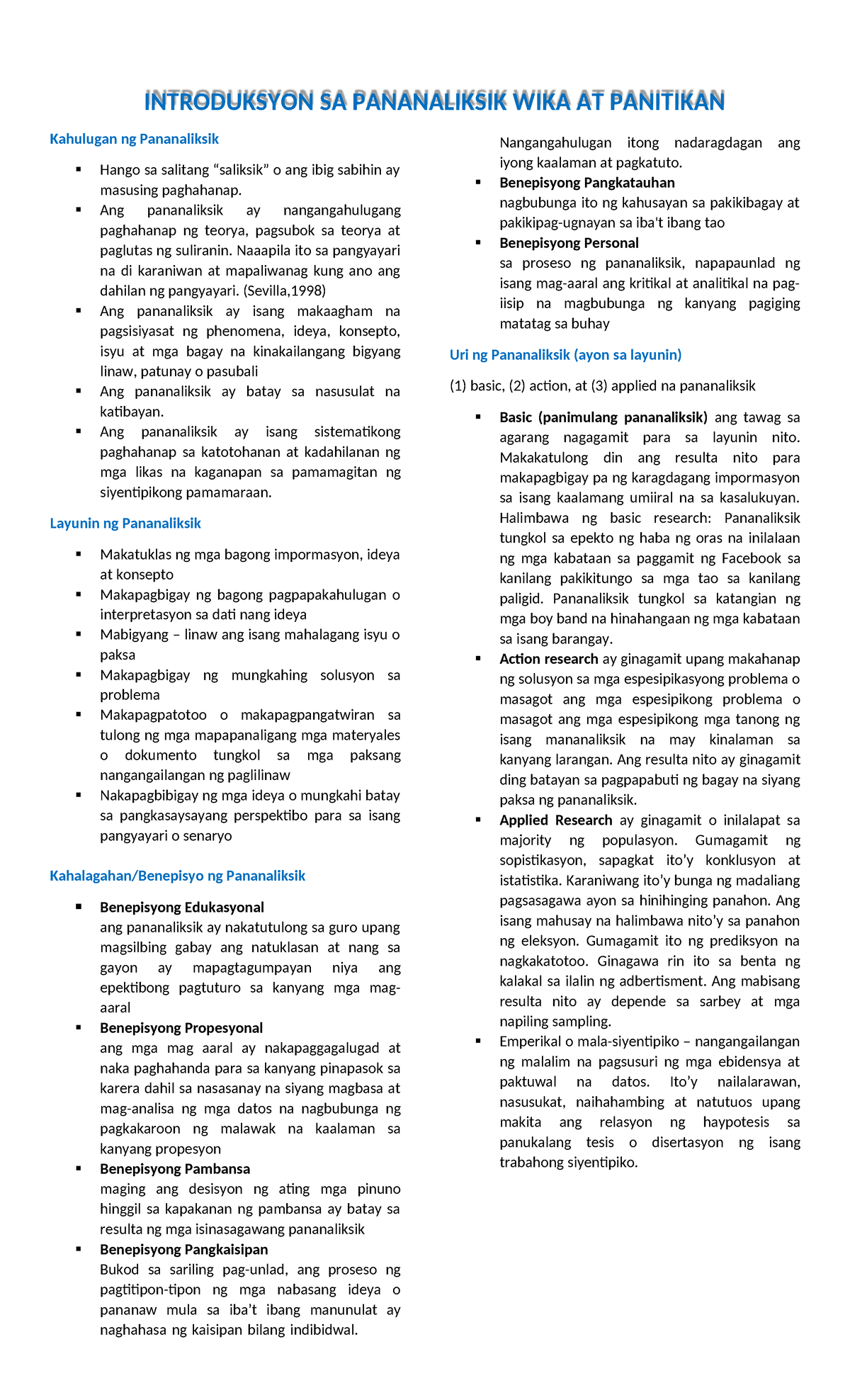Kahalagahan at Layunin ng Pananaliksik: Isang Pagsusuri (WIKA104) - Studocu