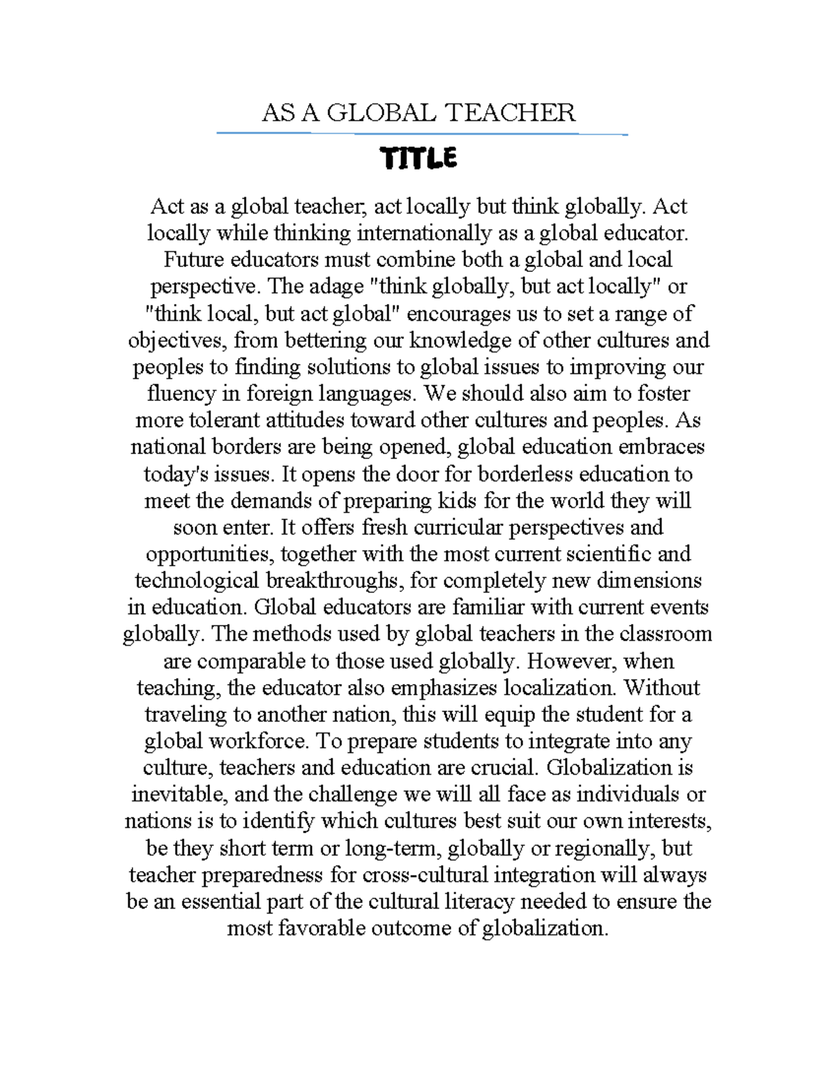 EDU 101 - Essay on Global Teaching Perspectives and Practices - Studocu