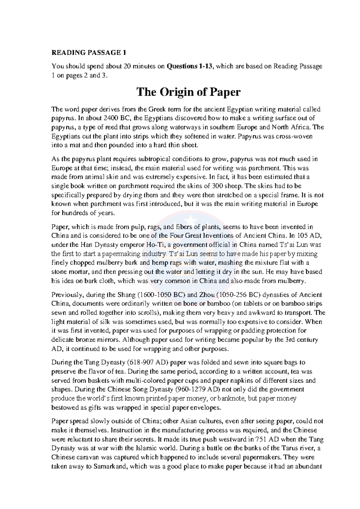 Reading Mock Test - The Origin of Paper and Its Evolution - Studocu