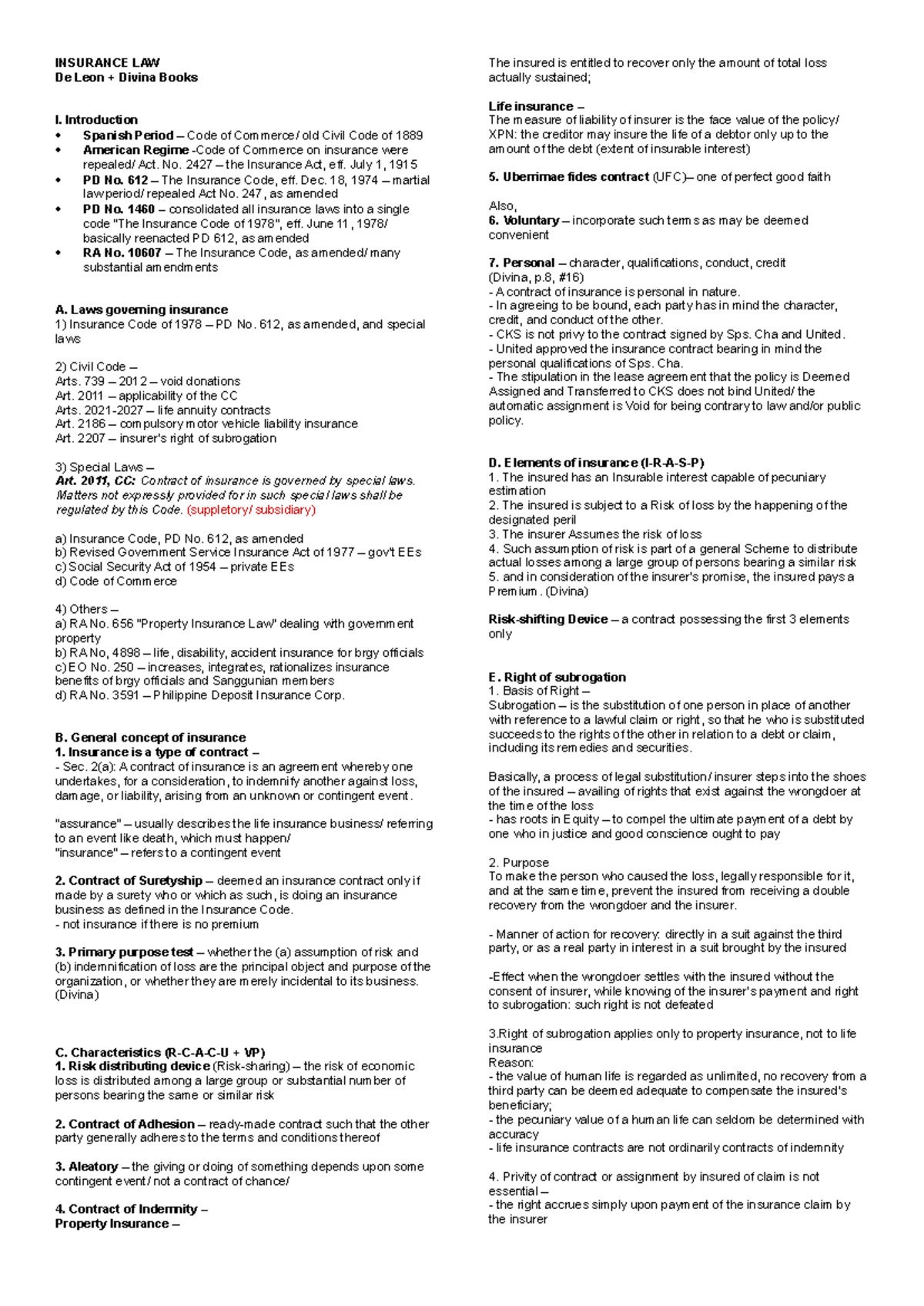 Insurance Law Notes (INS 101): Key Concepts and Regulations - Studocu