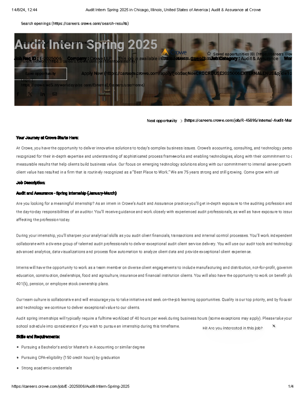 Audit Intern Position - Spring 2025 at Crowe Chicago, IL - Studocu