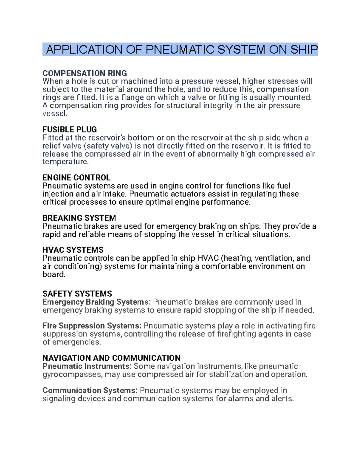 Pneumatic Systems Applications on Ships: Overview and Functions - Studocu