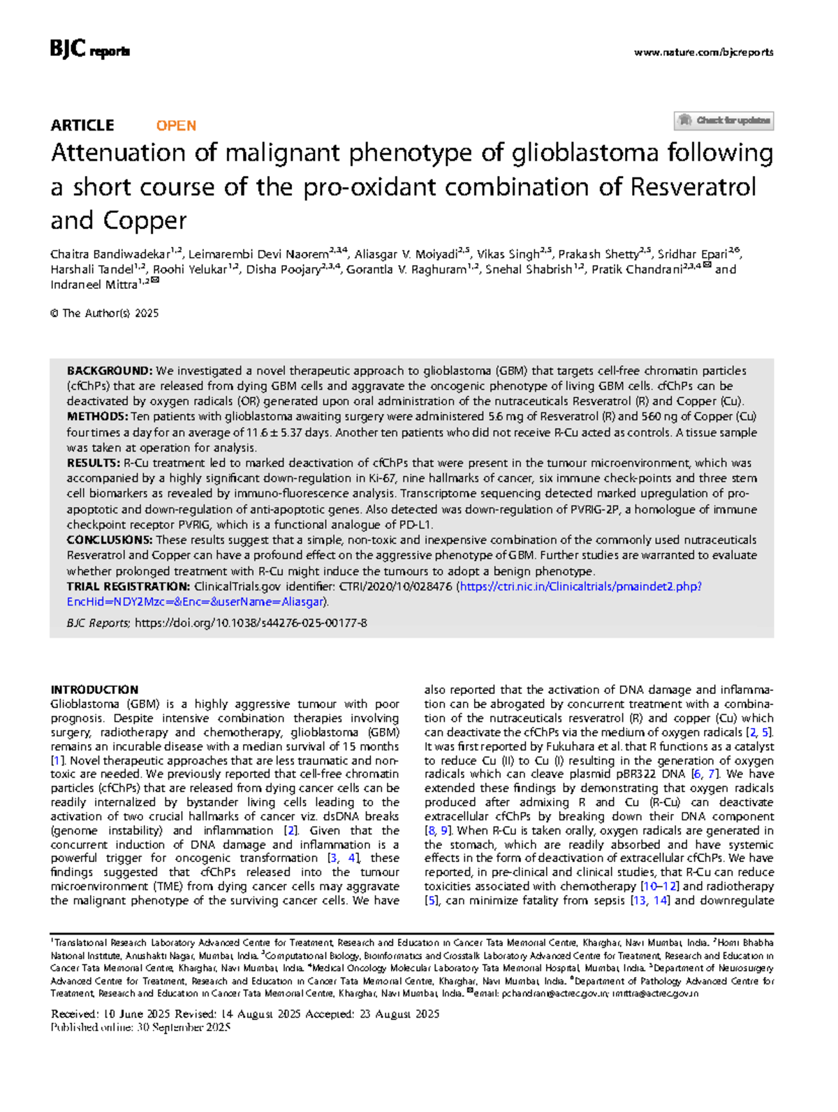 ARTICLE OPEN: Impact of Resveratrol and Copper on Glioblastoma ...
