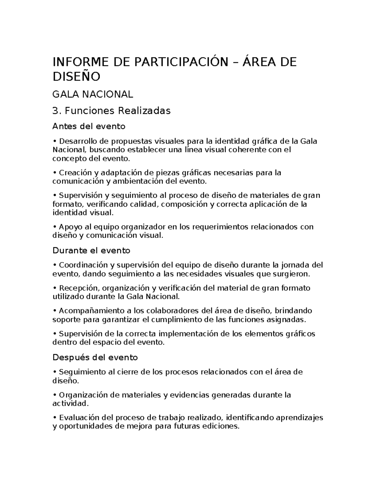 Informe de Participación en Diseño para la Gala Nacional 3 - Studocu
