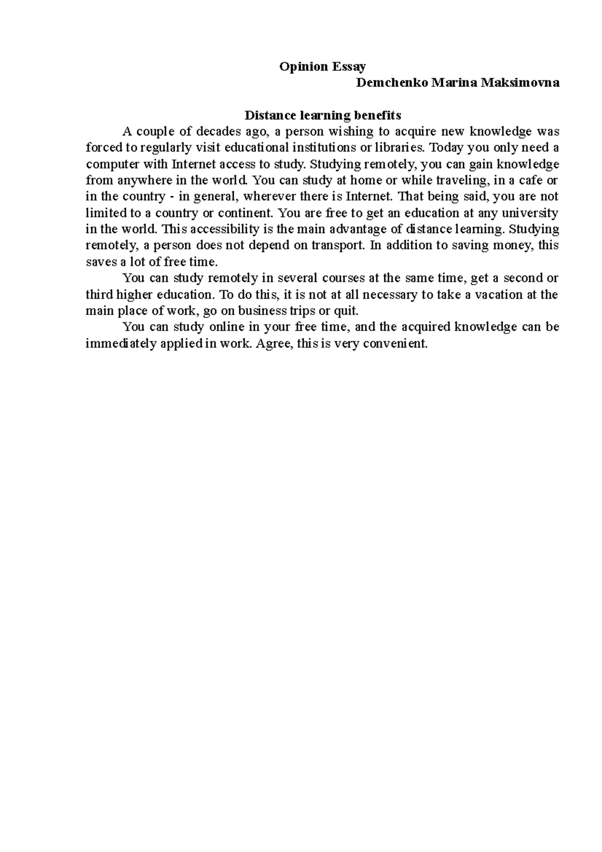 Benefits of Distance Learning: An Opinion Essay - Studocu