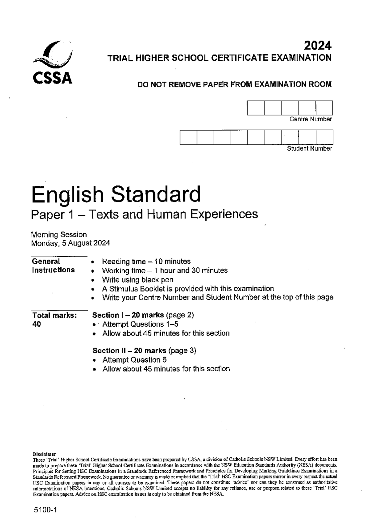 2024 CSSA HSC Trial Exam: English Standard Paper 1 - Studocu