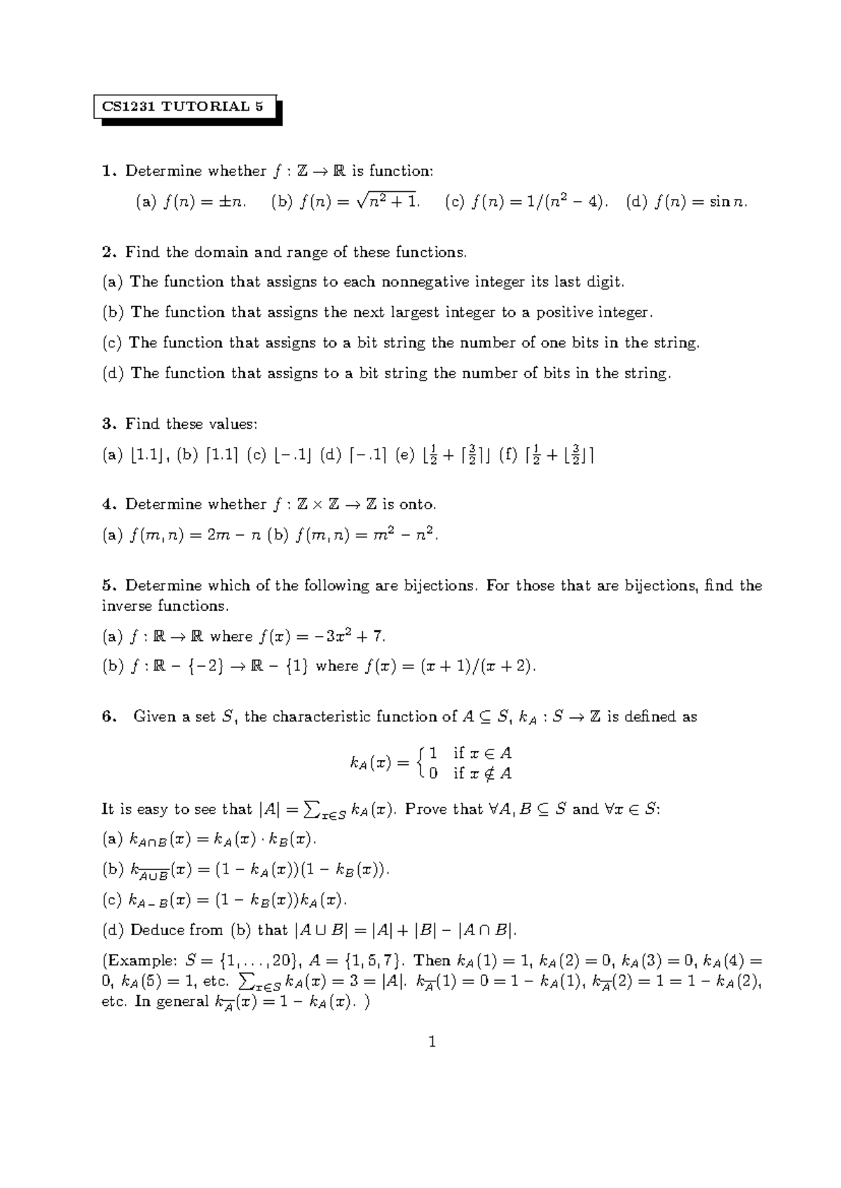 CS1231 T5 Tutorial: Functions, Domains, and Bijections - Studocu