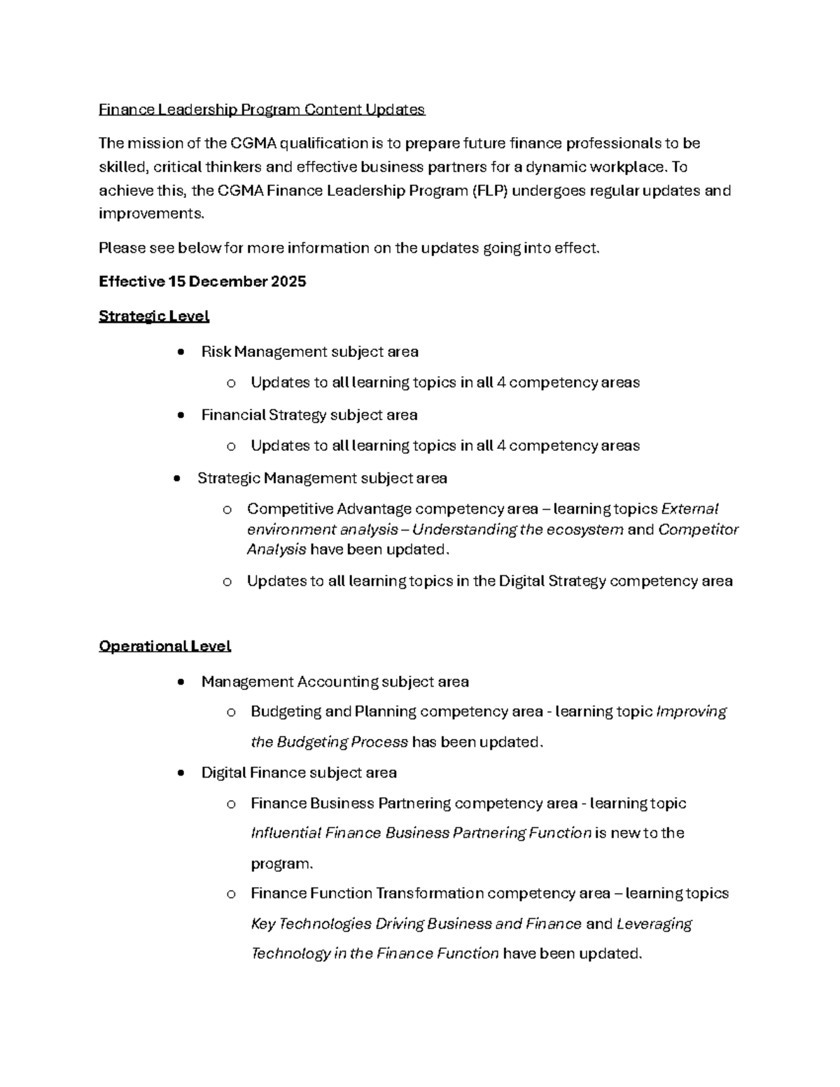 CGMA FLP Content Updates - November 2025 - Studocu