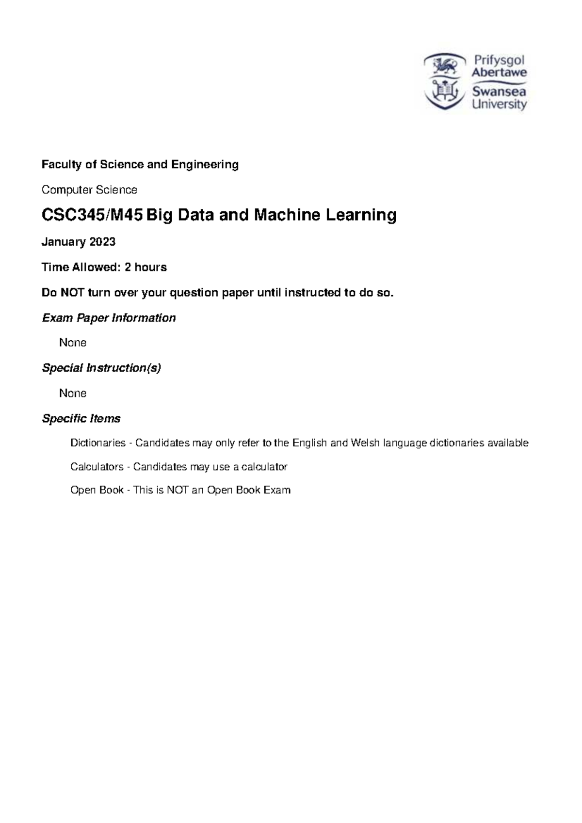 CSC345 CSCM45 2223 - Big Data & ML Past Exam Paper - Studocu