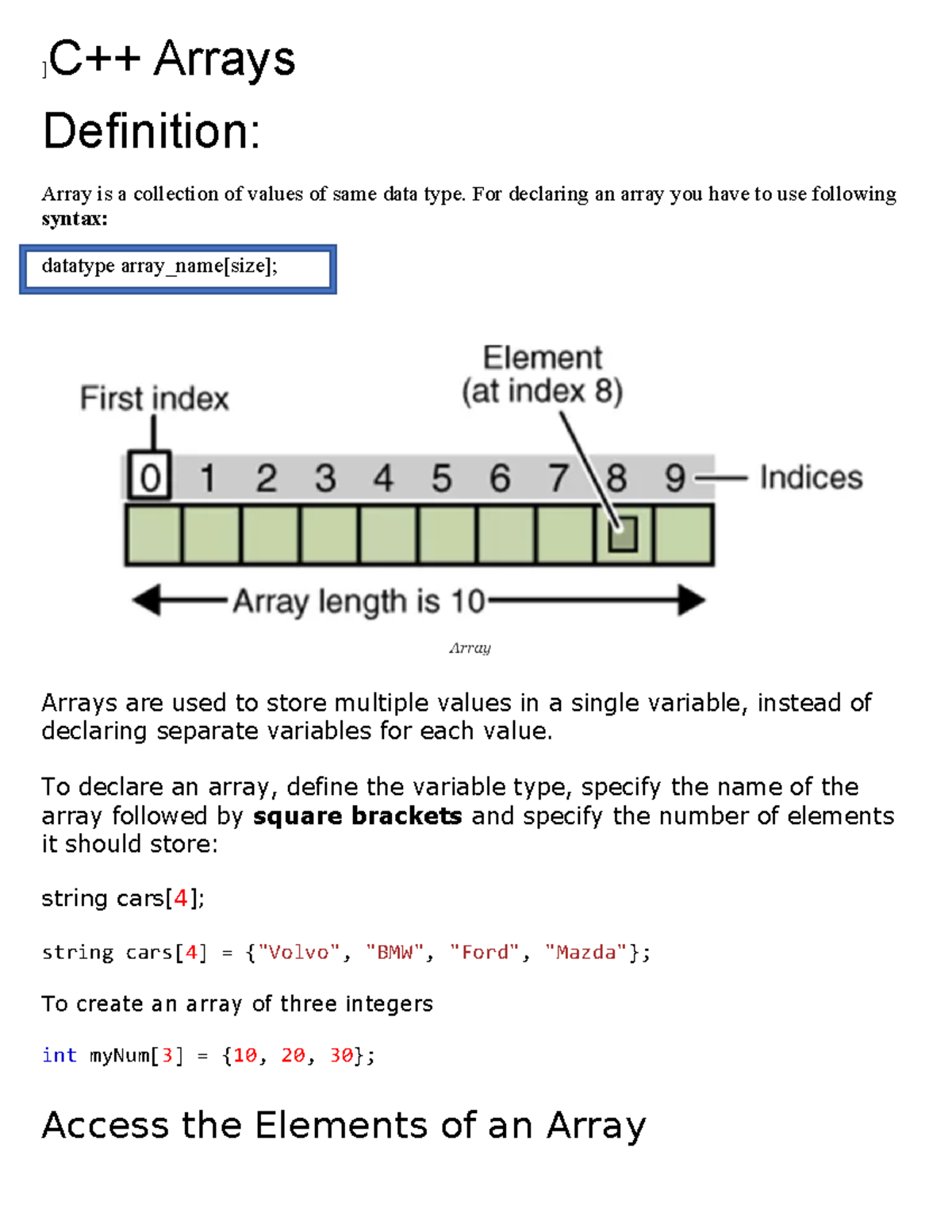 Chapter 16-Arrays - ]C++ Arrays Definition: Array is a collection of ...