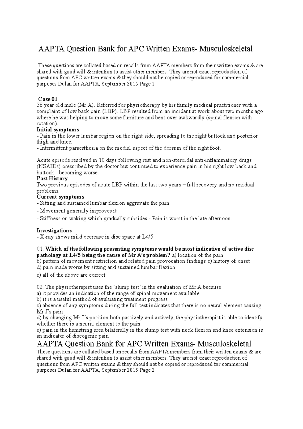APC Exam QBank - Musculoskeletal Case Studies & Questions - Studocu