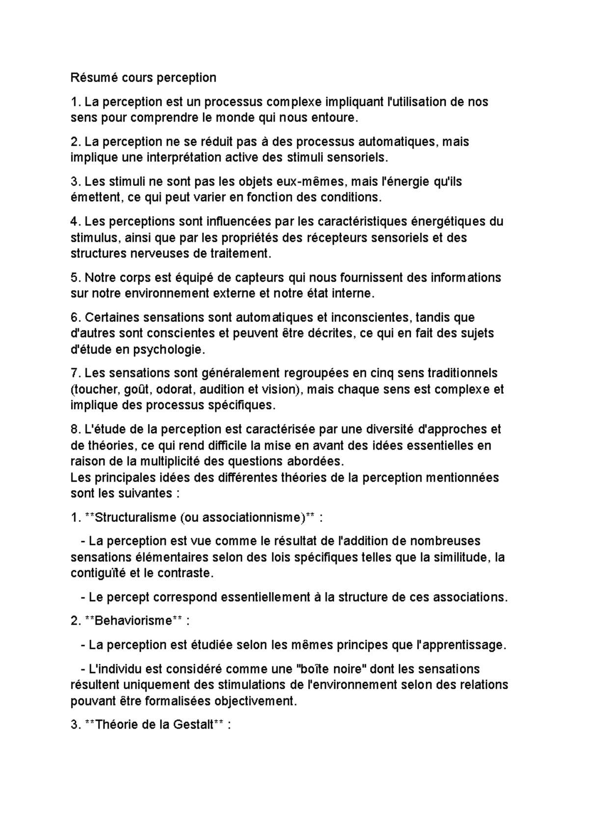 Résumé du Cours de Perception 3: Concepts et Théories Clés - Studocu
