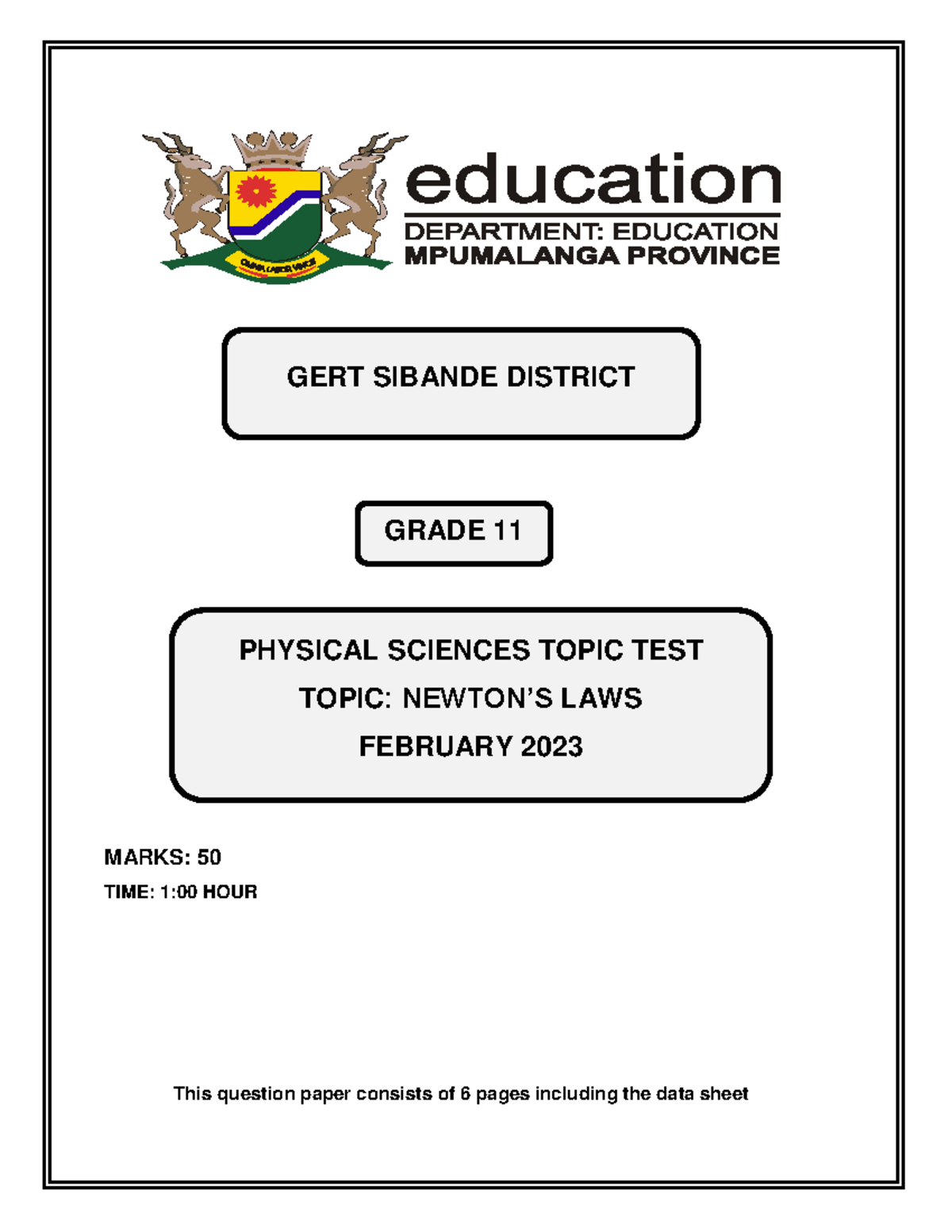 Grade 11 Physical Sciences Topic Test: Newton's Laws QP (Feb 2023 ...