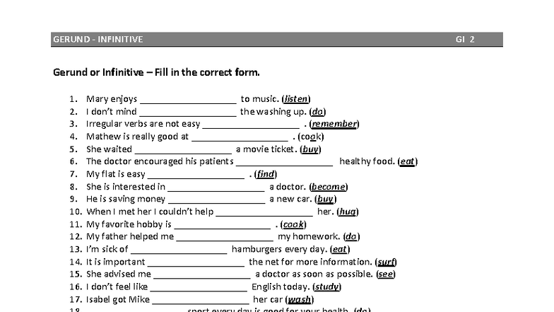 GER 2: Gerunds and Infinitives Fill-in-the-Blank Exercises - Studocu