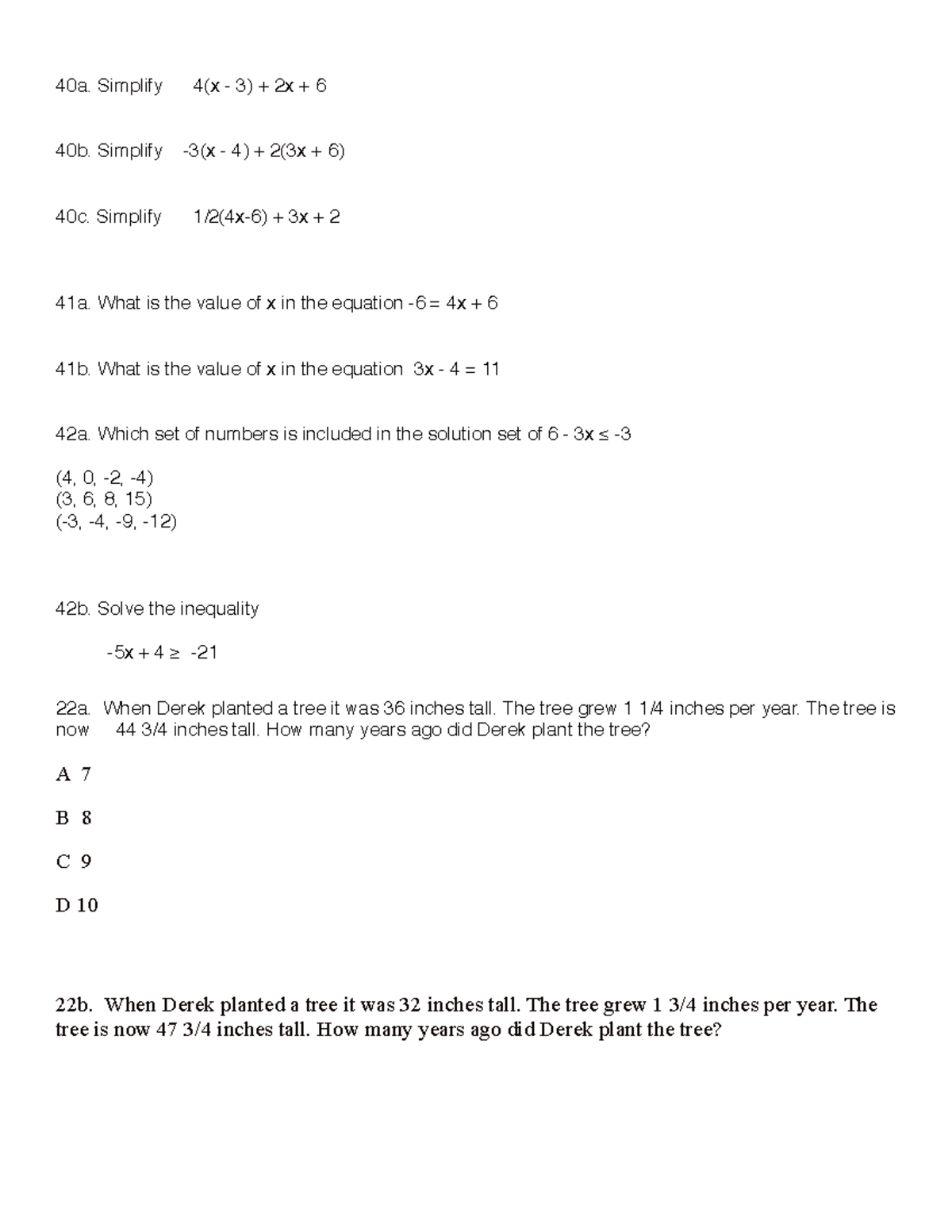 Eog practice equations - 40a. Simplify 4(x - 3) + 2x + 6 40b. Simplify ...