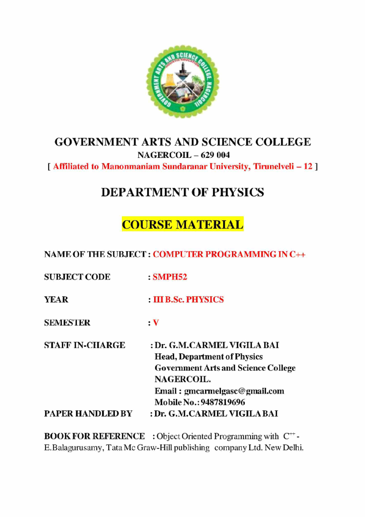 Computer Programming Course Material - B.Sc. Physics (SMPH52) - Studocu