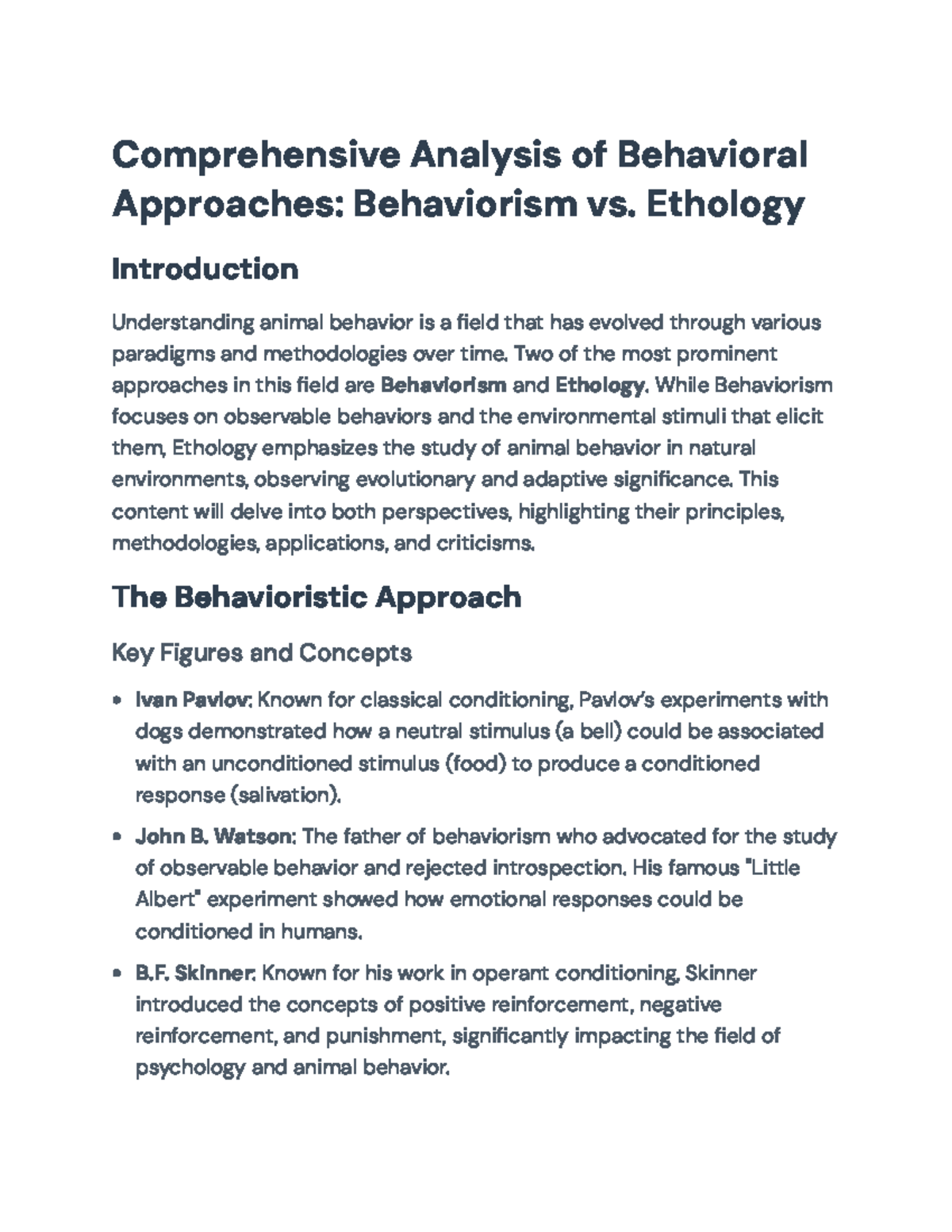 Comparative Overview of Behavioral Approaches: Behaviorism & Ethology ...