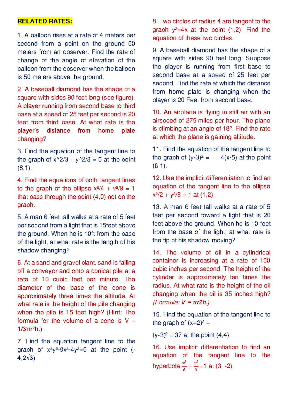 RELATED RATES: Essential Problems for Math Mastery - Studocu