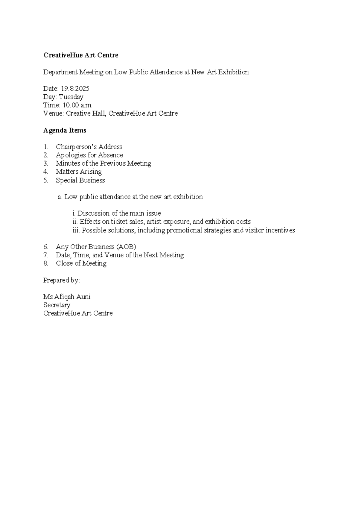 CreativeHue Art Centre Meeting Agenda: Addressing Low Exhibition ...