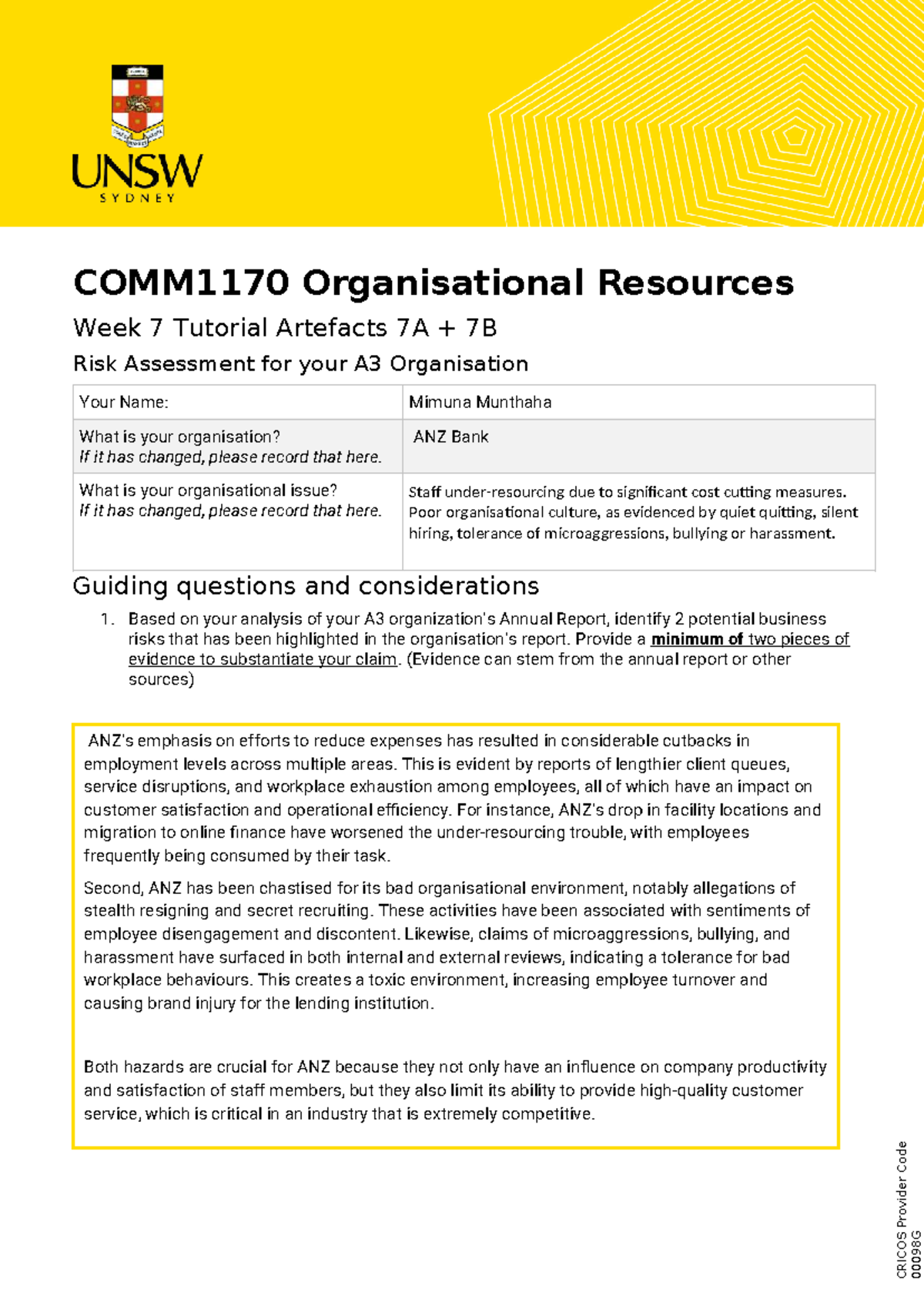 COMM1170 Week 7 Tutorial Artefacts: Risk Assessment for ANZ Bank - Studocu