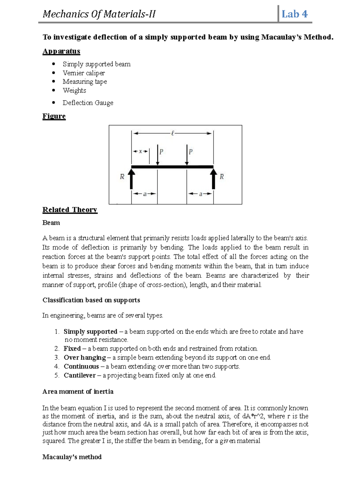 Lab Session 4: Investigating Beam Deflection using Macaulay's Method ...