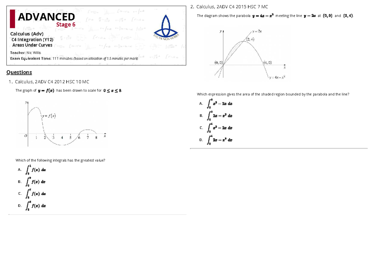 Area Under Curves - Calculus 2ADV C4 Practice Paper - Studocu