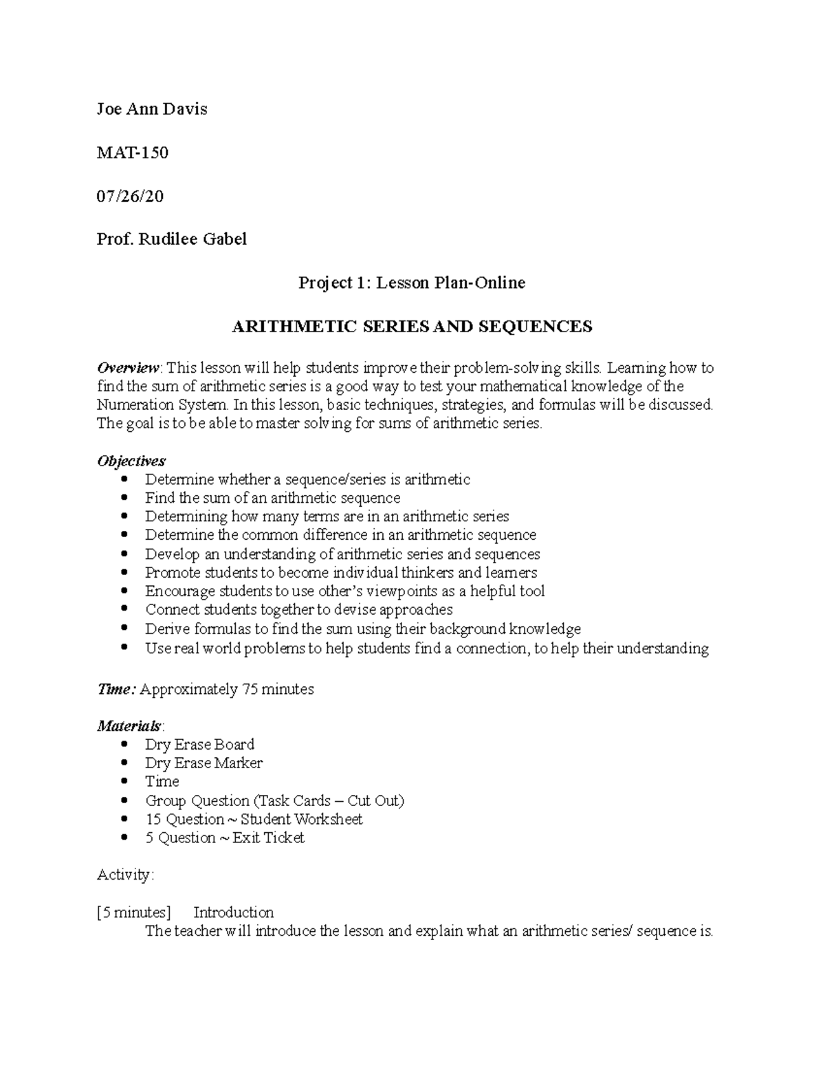 Project 1- Lesson Plan Outline Arithmetic Series AND Sequences - Joe ...