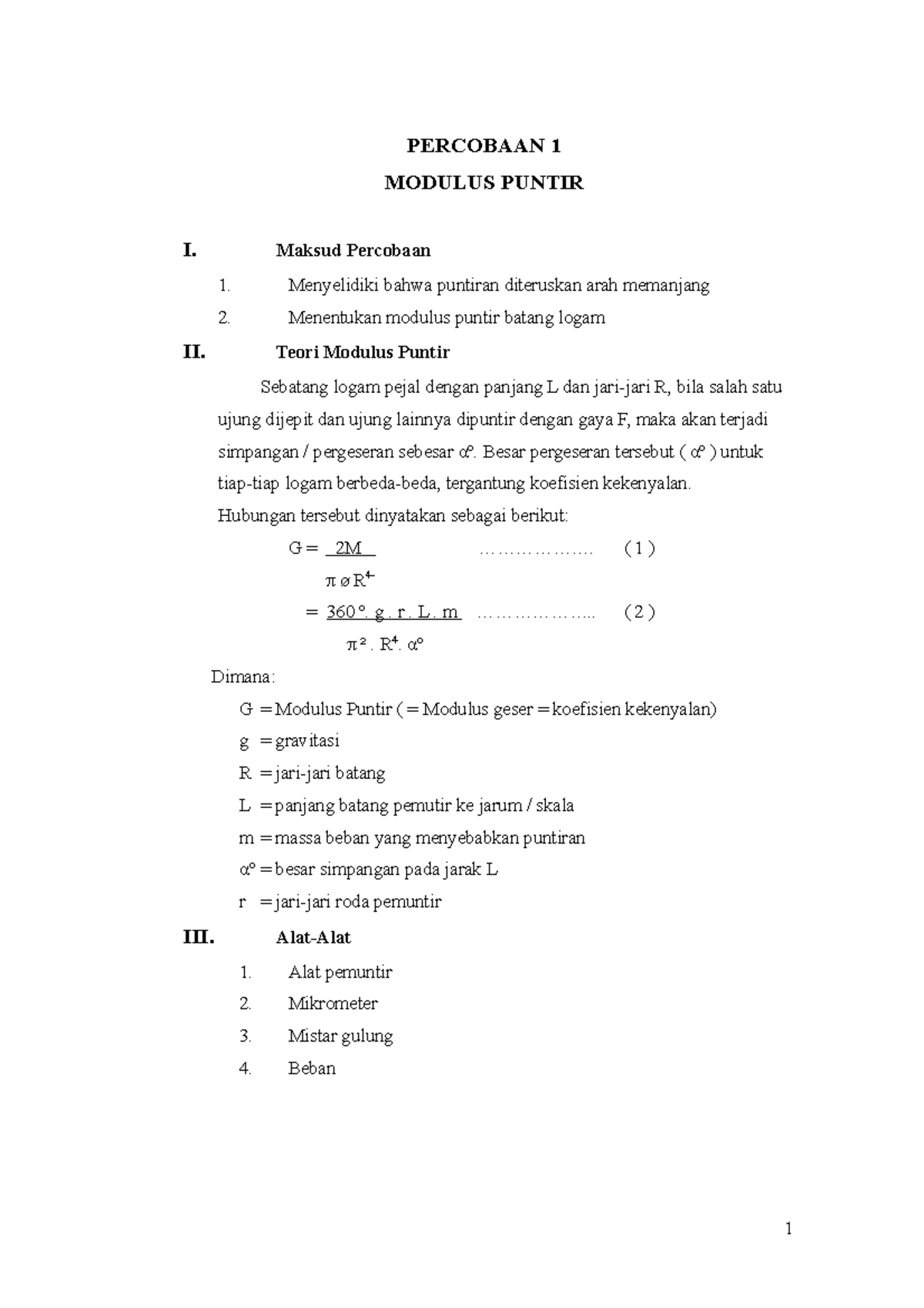 Modulus Puntir: Analisis Percobaan dan Data Eksperimen - Studocu