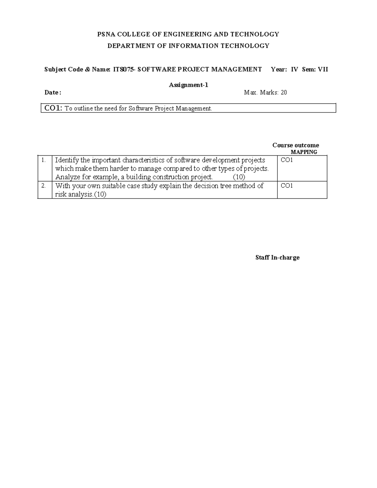 IT8075 Software Project Management Assignment 2 Marksheet - Studocu