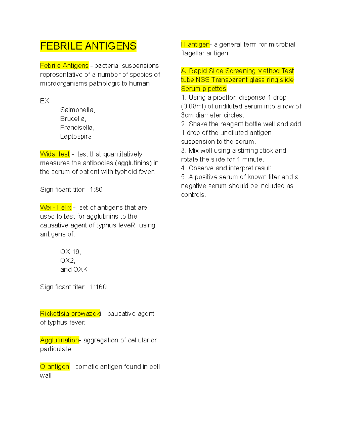 FEBRILE ANTIGENS LAB NOTES (WEEK 7, 8, 11) - Studocu