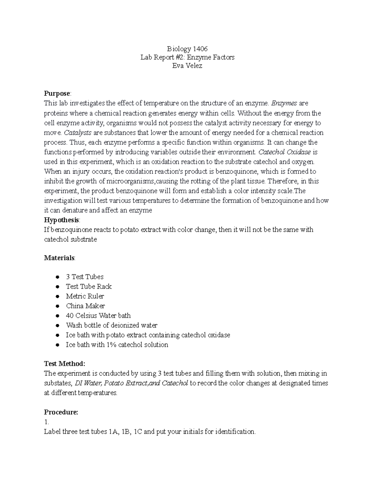 Biology 1406 Lab Report #2: Enzyme Factors in Photosynthesis - Studocu