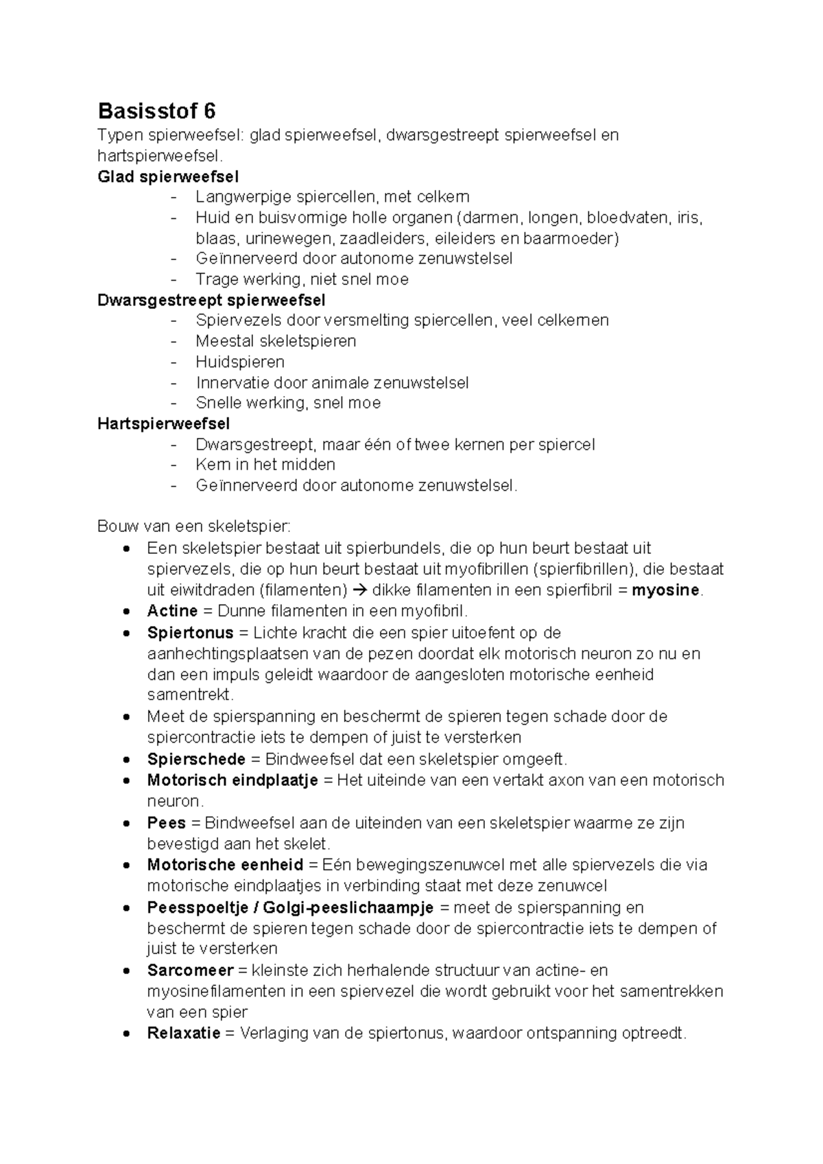Basisstof 6: Spierweefsel en Spiercontractie Uitleg - Studeersnel